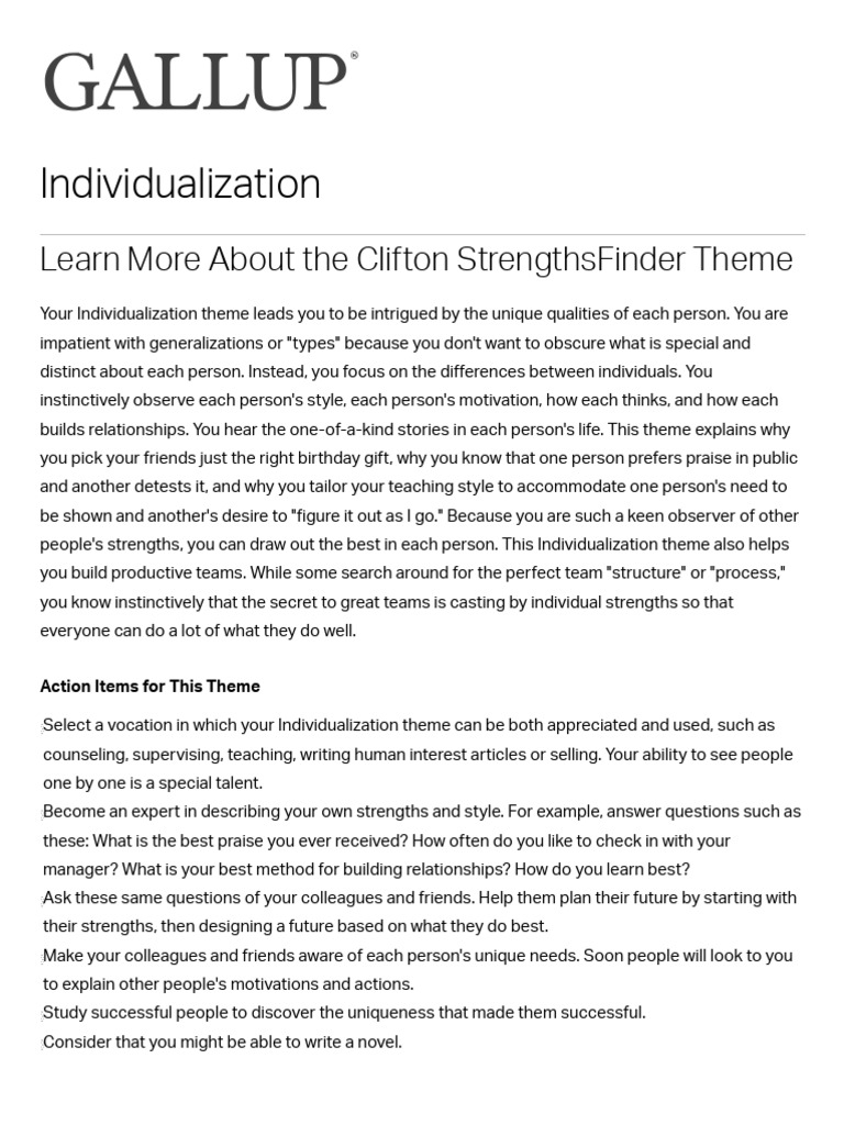 Individualization Clifton Strengthsfinder Theme | PDF | Gallup (Company ...