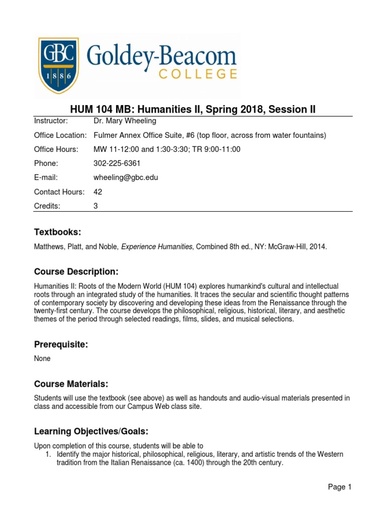 HUM 104 MB: Humanities II, Spring 2018, Session II: Textbooks | PDF | Humanities | Final Examination