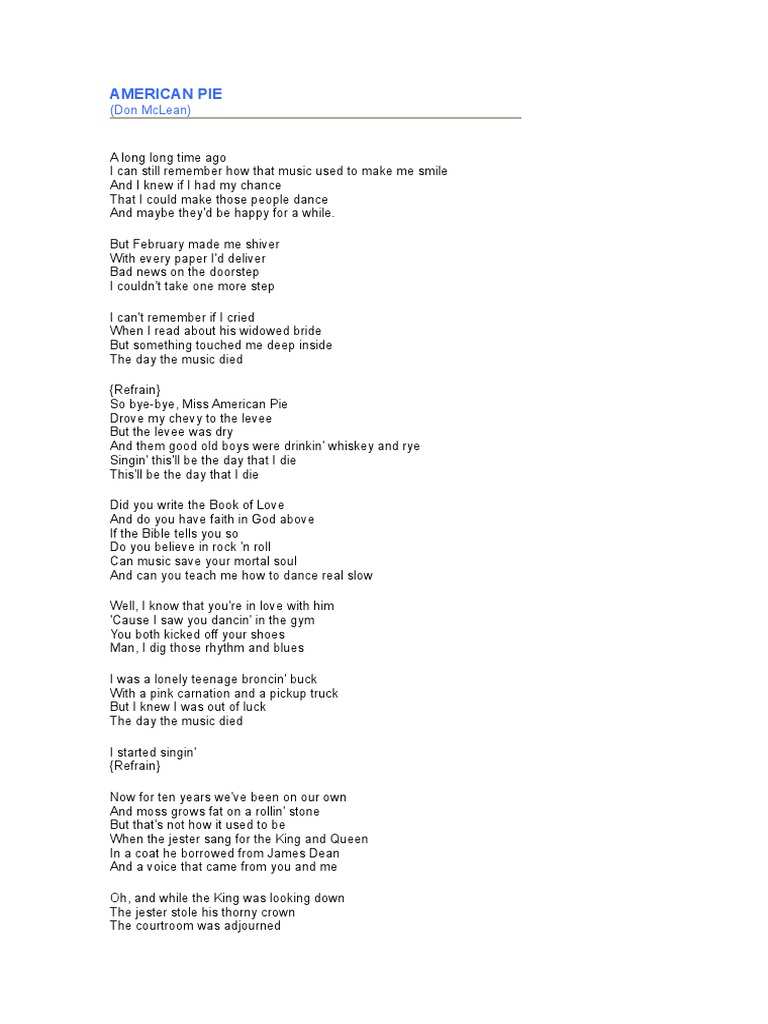 American Pie: (Don Mclean) | PDF | Leisure | Entertainment (General)