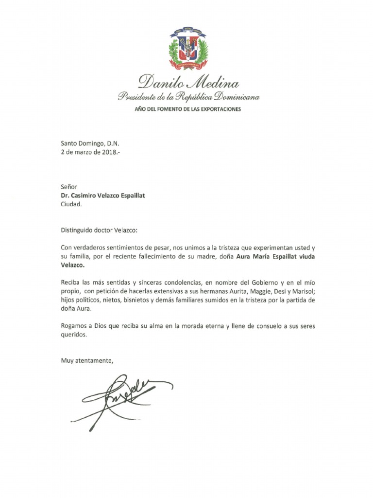 Carta de Condolencias Del Presidente Danilo Medina A Casimiro Velazco ...