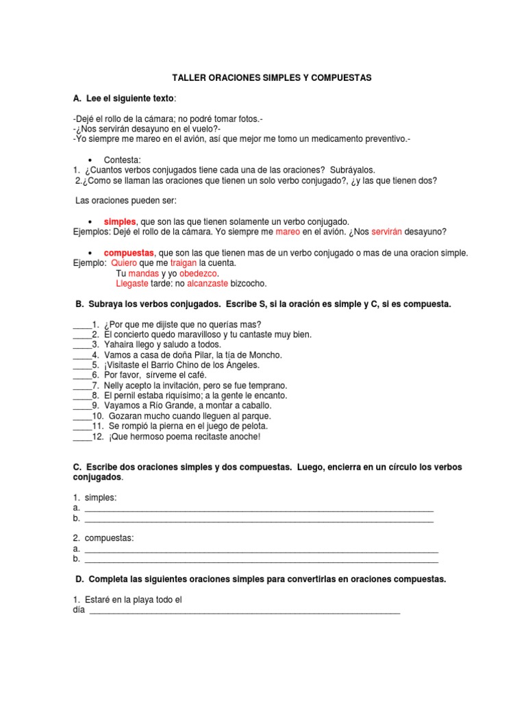 Taller Oraciones Simples y Compuestas | PDF | Oración (Lingüística) | Verbo