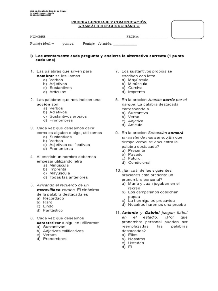 Prueba Gramática | PDF | Verbo | Adjetivo