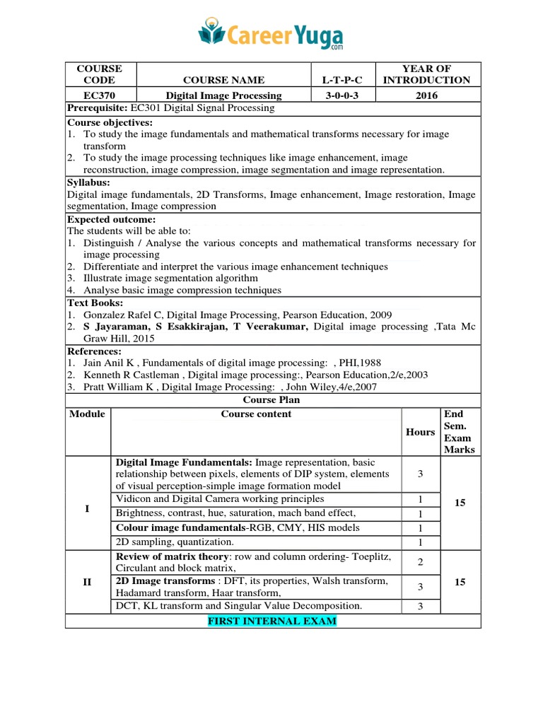EC370 Digital Image Processing | Download Free PDF | Data Compression ...