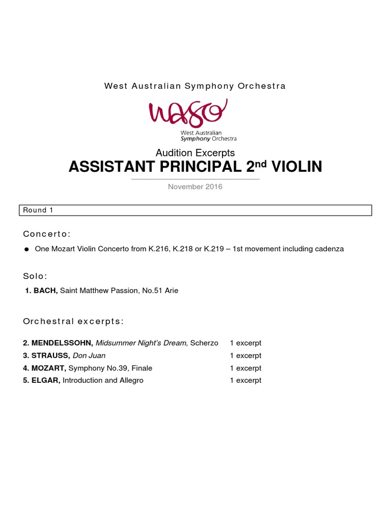 WASO Assistant Principal 2nd Violin 2016 | PDF