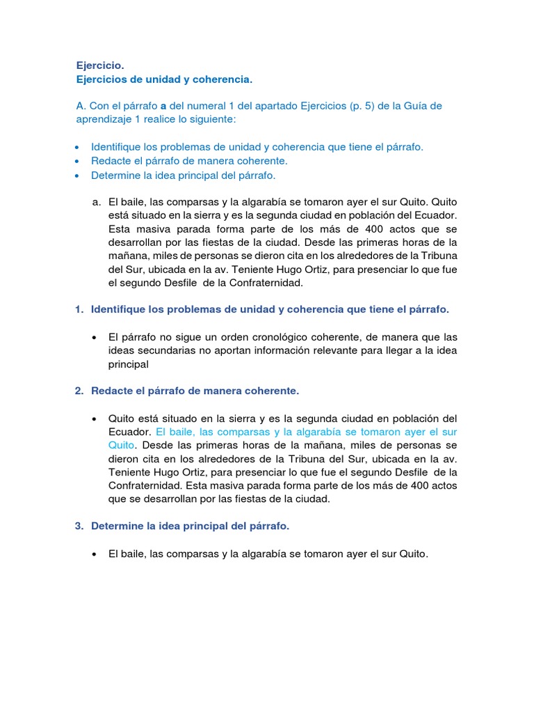 Ejercicios de Unidad y Coherencia. DEBER N1 | PDF