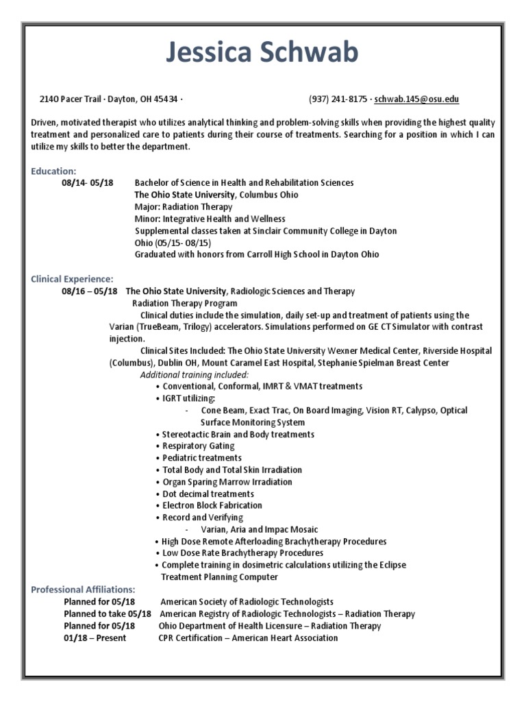 Jessica Schwab RT Resume 2018 | PDF | Radiation Therapy | Medical ...