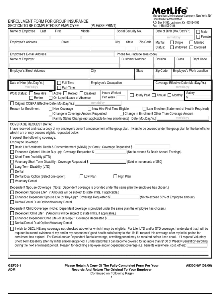 MetLife Enroll Form All Product | PDF | Fraud | Met Life