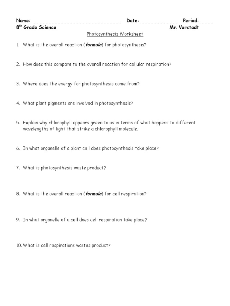 8th Grade Photosynthesis Worksheet | PDF | Photosynthesis | Cellular ...