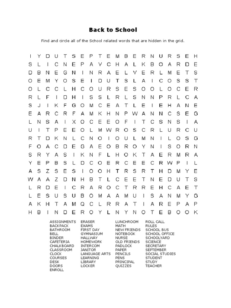 Back To School: Find and Circle All of The School Related Words That ...