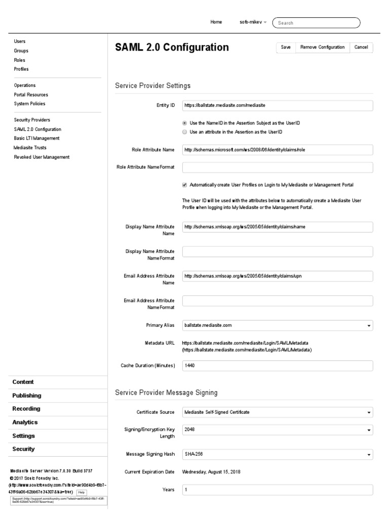 Mediasite - SAML 2.0 Configuration | PDF | Public Key Certificate | Computer Security
