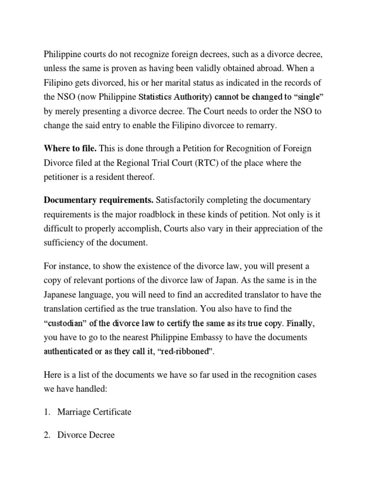 Where To File. This Is Done Through A Petition For Recognition of Foreign | PDF | Divorce | Marriage