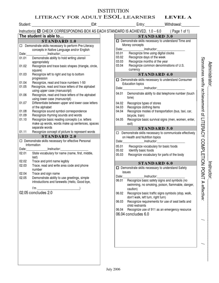 Adult ESOL Level A | PDF | Literacy | Vocabulary
