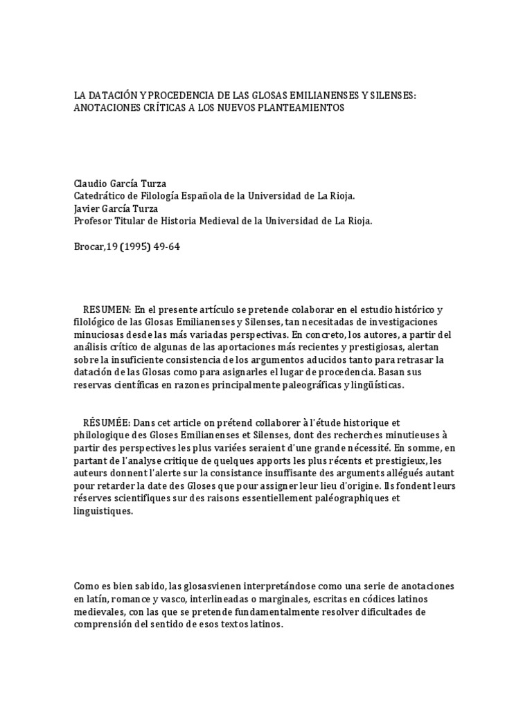 LA DATACIÓN Y PROCEDENCIA DE LAS GLOSAS EMILIANENSES Y SILENSES | PDF ...