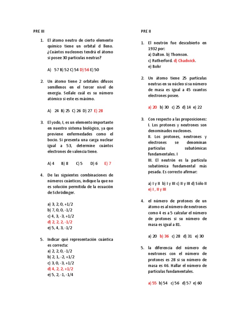Examen Con Respuetas | PDF | Protón | Neutrón