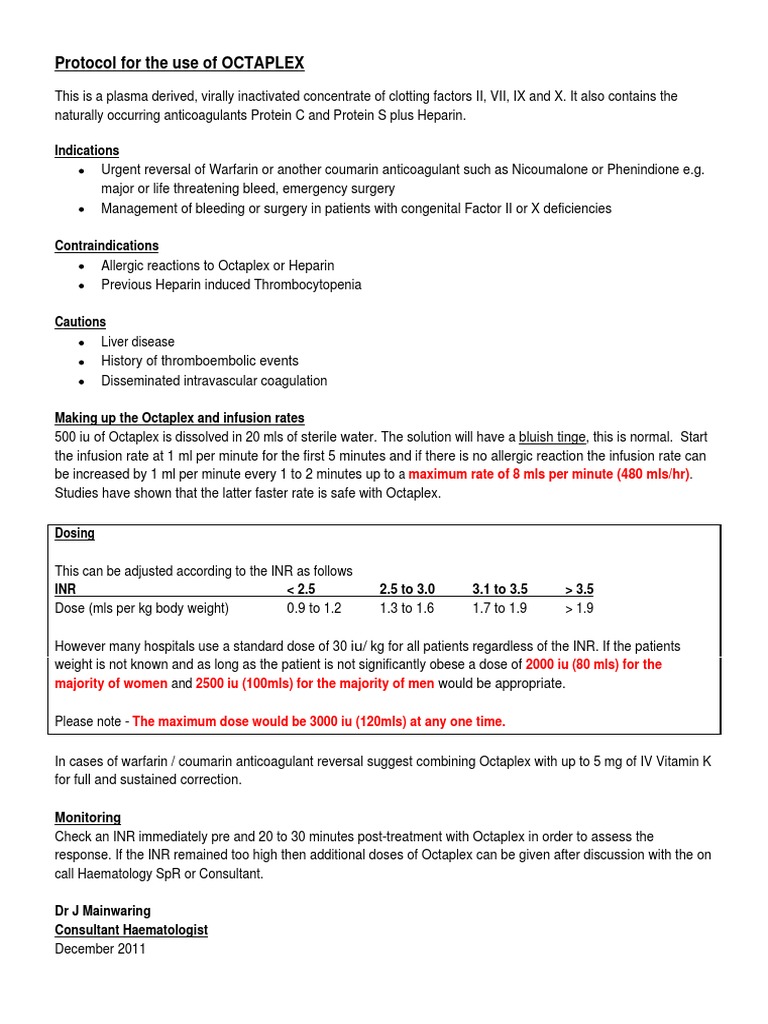 Octaplex Administration and Dosing Guidelines | PDF