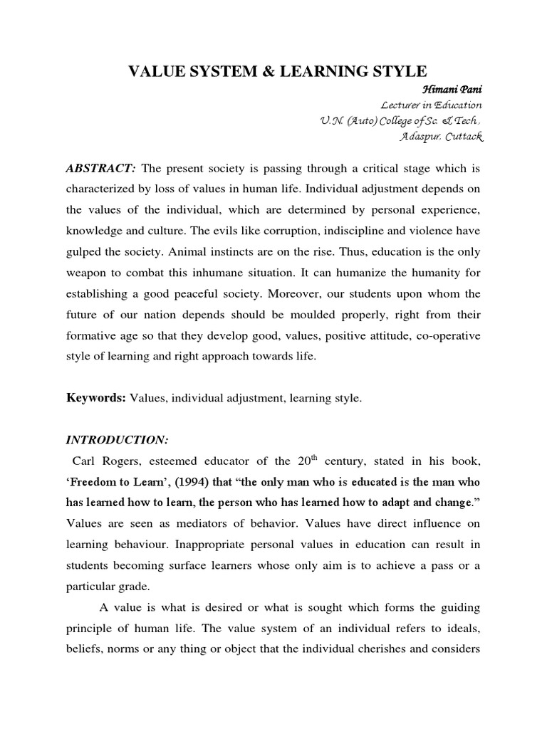 Value System & Learning Style: ABSTRACT: The Present Society Is Passing Through A Critical Stage ...