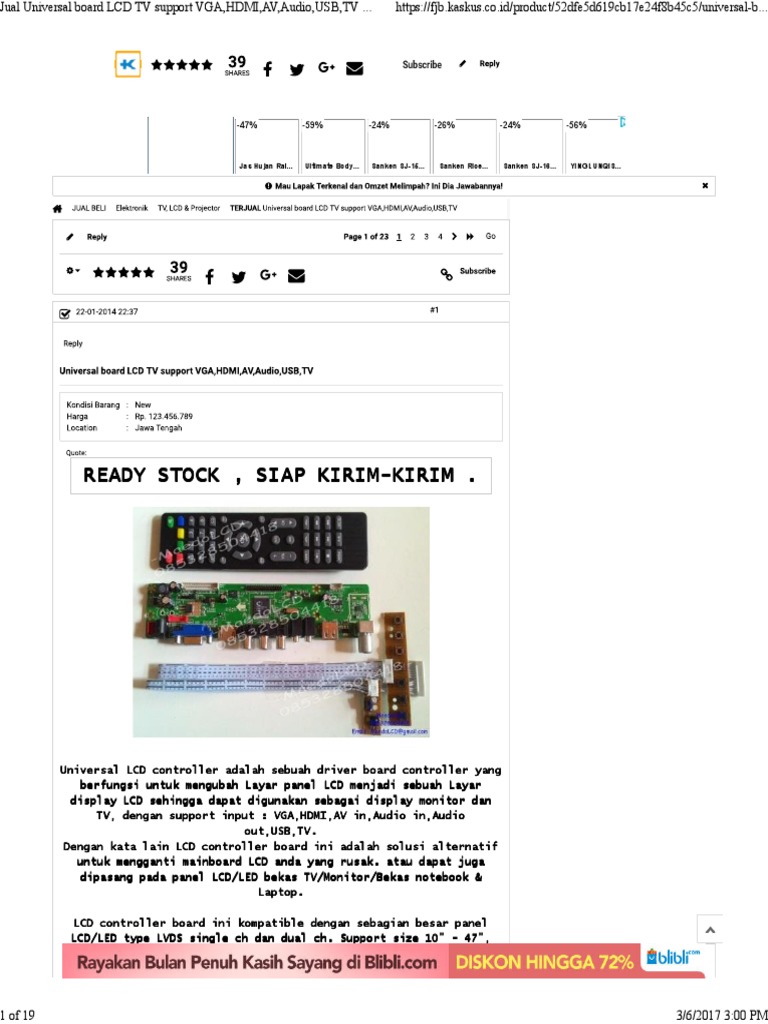 Jual Universal Board LCD TV Support Vga, Hdmi, Av, Audio, Usb, TV Kaskus | PDF