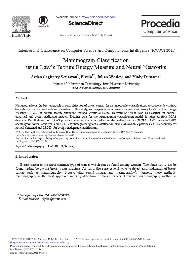 Mammogram Classification Using Law's Texture Energy Measure and Neural Networks | PDF ...