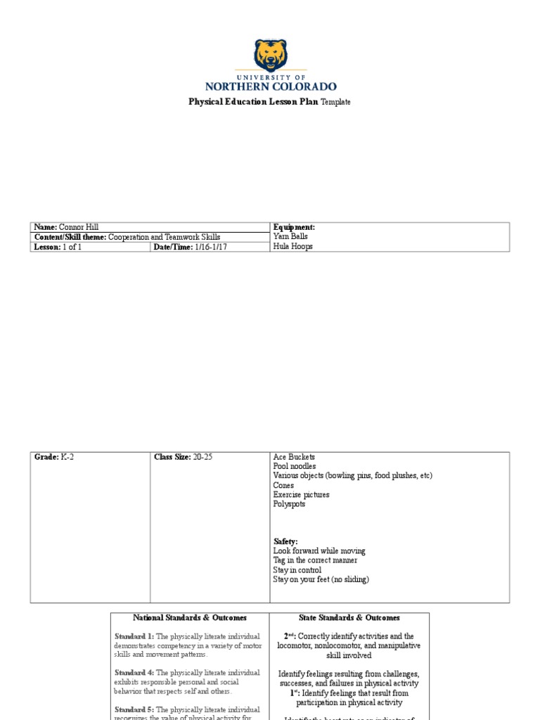 Physical Education Lesson Plan: Template | PDF | Physical Education ...