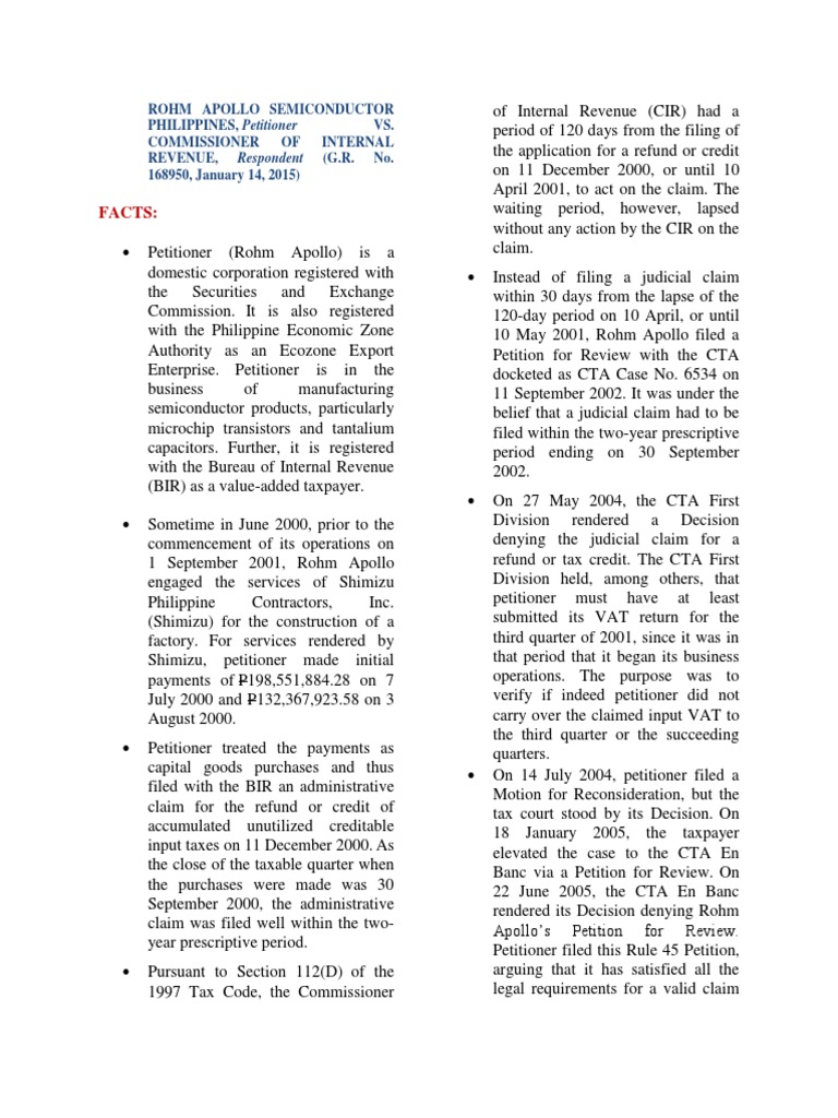 Rohm Apollo Semiconductor Phil Vs Cir | PDF | Value Added Tax | Tax Credit