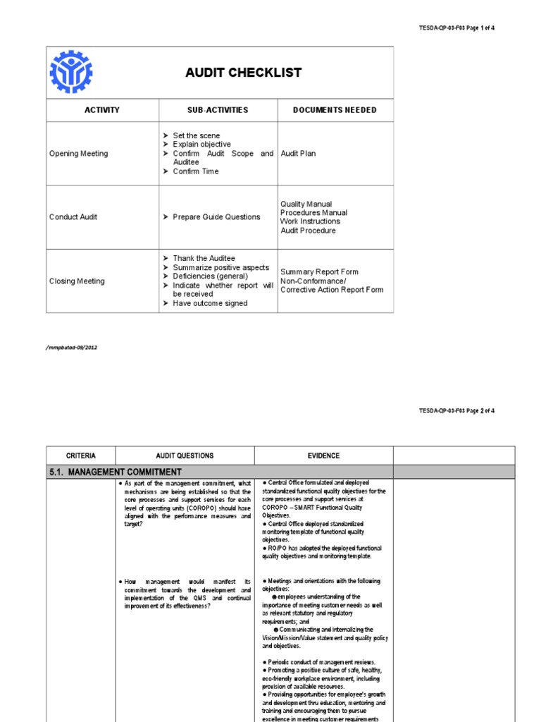 Audit Checklist 5 Management Commitment & Responsibility | PDF | Audit ...