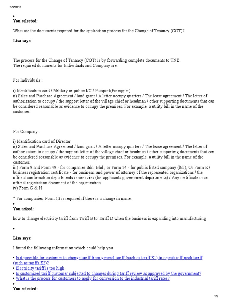 Change Tariff | PDF | Tariff | Lease