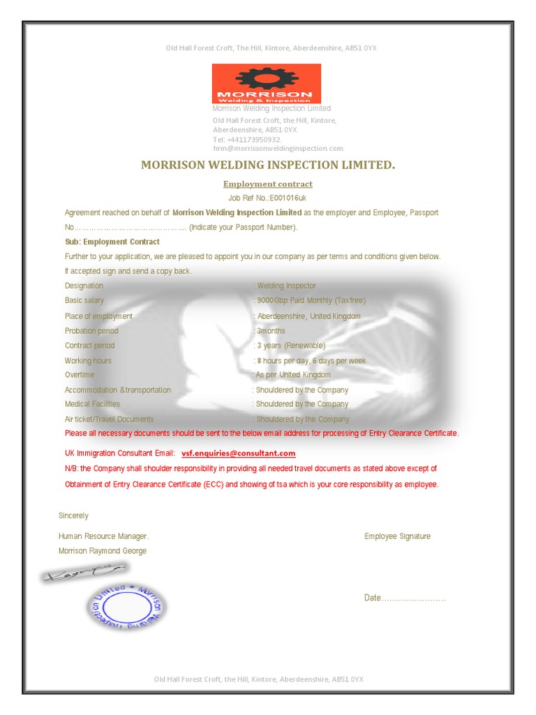 Welding Inspector Contract Document | PDF | Passport | Employment