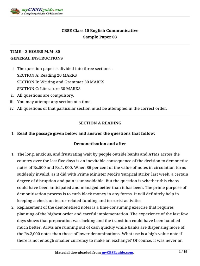 10 Eng Comm Sample Paper 03 | PDF | Helen Keller | Business