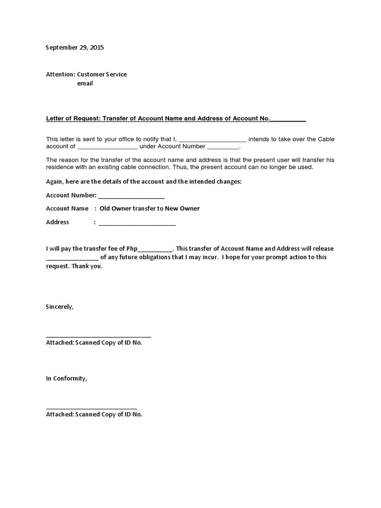 Cable Account Transfer Request Letter | PDF