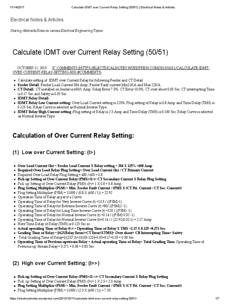 IDMT Relay Setting Calculation Guide | PDF | Relay | Transformer