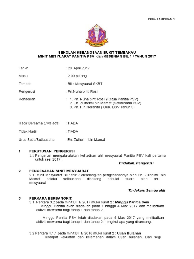 Minit Mesyuarat PSV Kali 2 2017 | PDF
