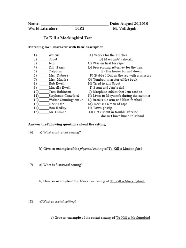 To Kill A Mockingbird Test | PDF | To Kill A Mockingbird