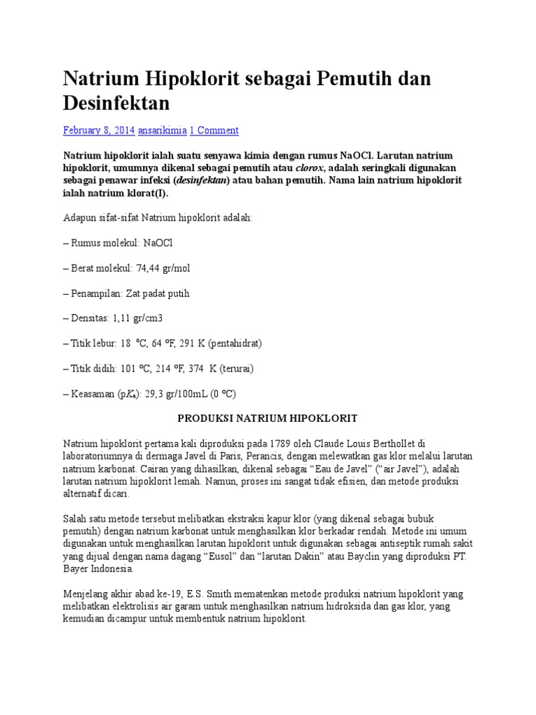 Natrium Hipoklorit Sebagai Pemutih Dan Desinfektan | PDF