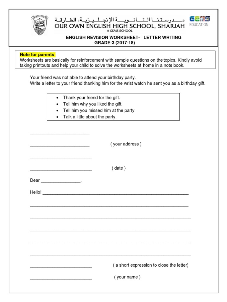 Letter Writing Revision Worksheet | PDF