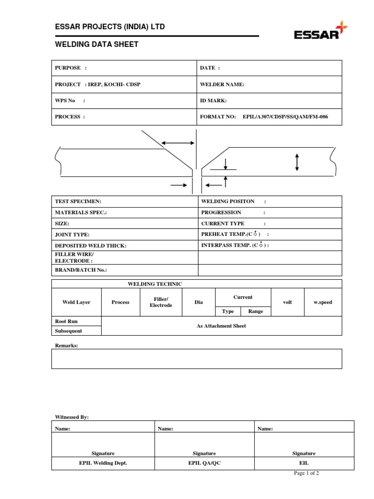 ESSAR Welding Data Sheet | PDF | Joining | Welding