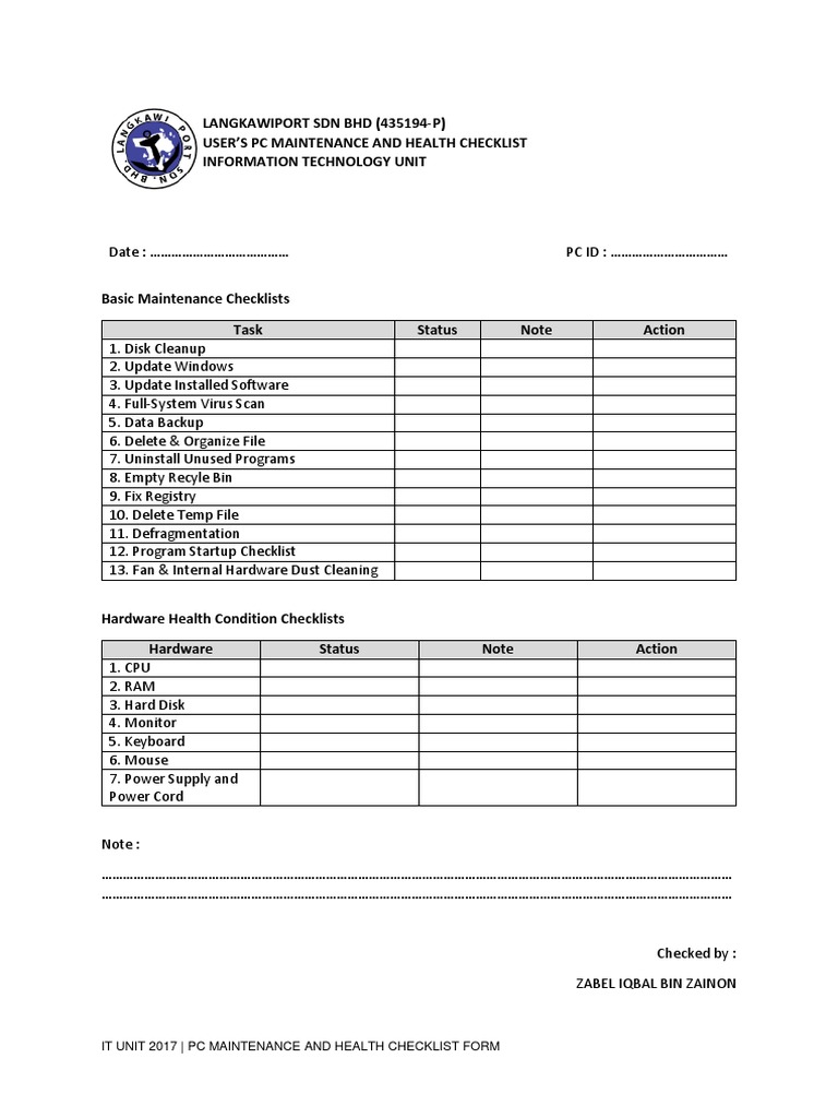 User's PC Maintenance and Health Checklist | PDF