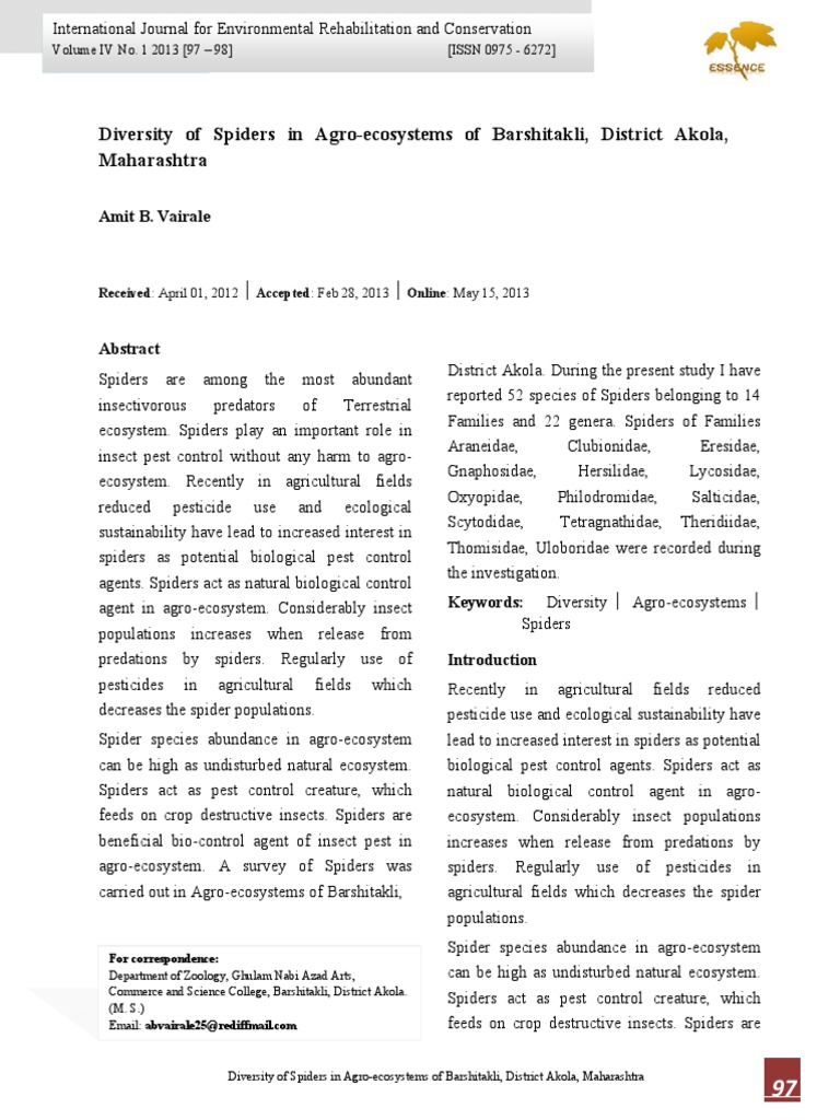 Diversity of Spiders in Agro-Ecosystems of Barshitakli, District Akola ...