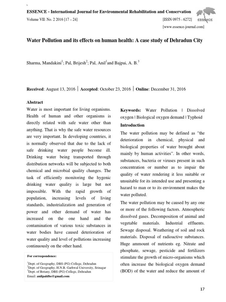 Water Pollution and Its Effects On Human Health A Case Study of ...