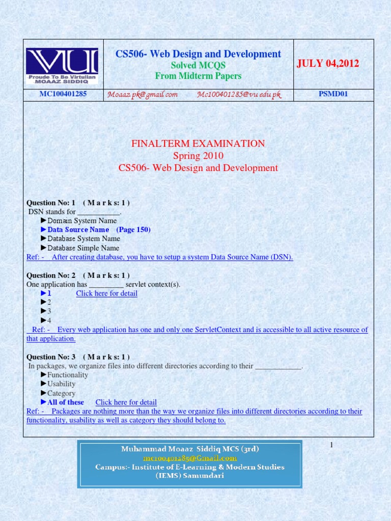 Web Design and Development - CS506 Spring 2010 Final Term Solved Mcqs | PDF | Java Server Pages ...