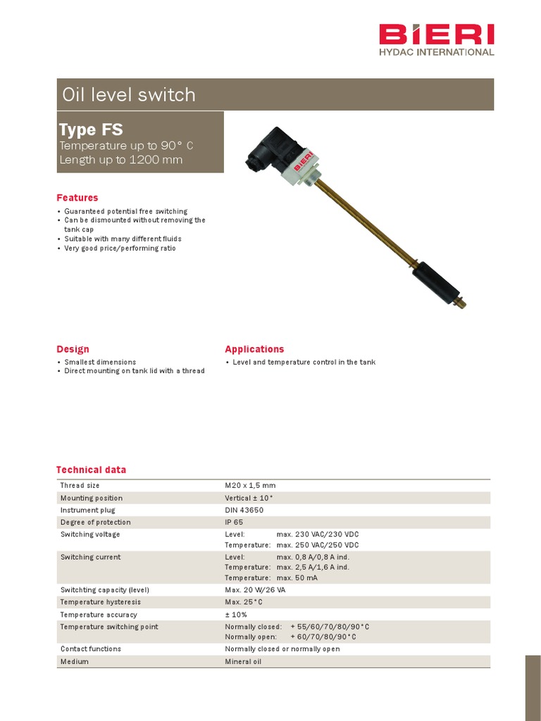 Oil Level Switch | PDF | Switch | Mechanical Engineering