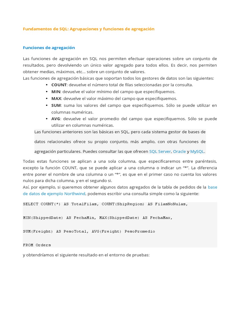 Funciones de Agregacion en BD | PDF | SQL | Software de gestión de datos