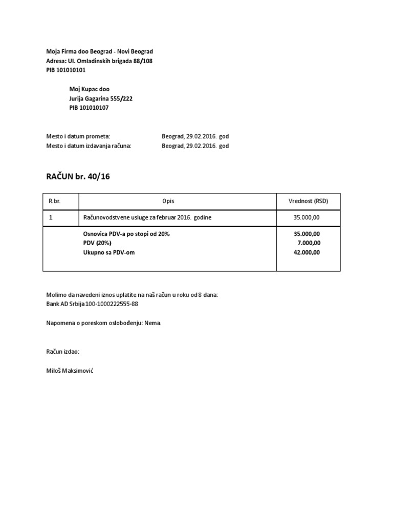 Primer Racuna Za Usluge Koji Izdaje Obveznik PDV A | PDF
