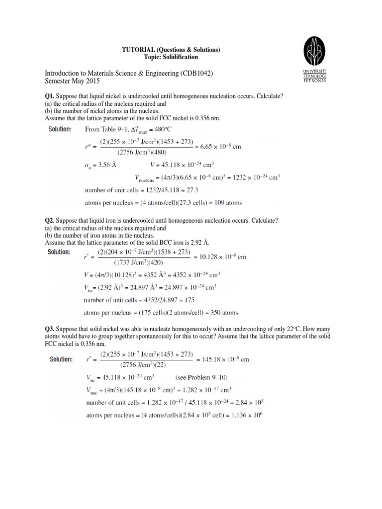 Tutorial (Lecture 2-Solidification) Questions and Answers | PDF ... Tutorial (Lecture 2-Solidification) Questions and Answers | PDF ...