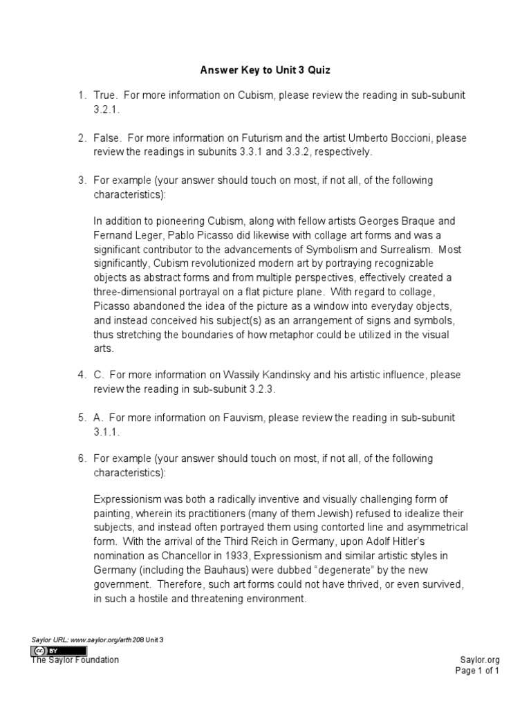 Unit 3 Quiz Answer Key - Art Movements | PDF | Cubism | Modernity