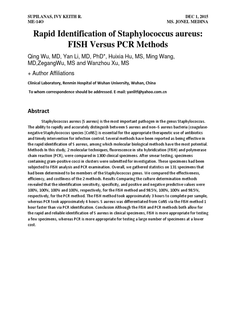 Rapid Identification of Staphylococcus Aureus: FISH Versus PCR Methods ...