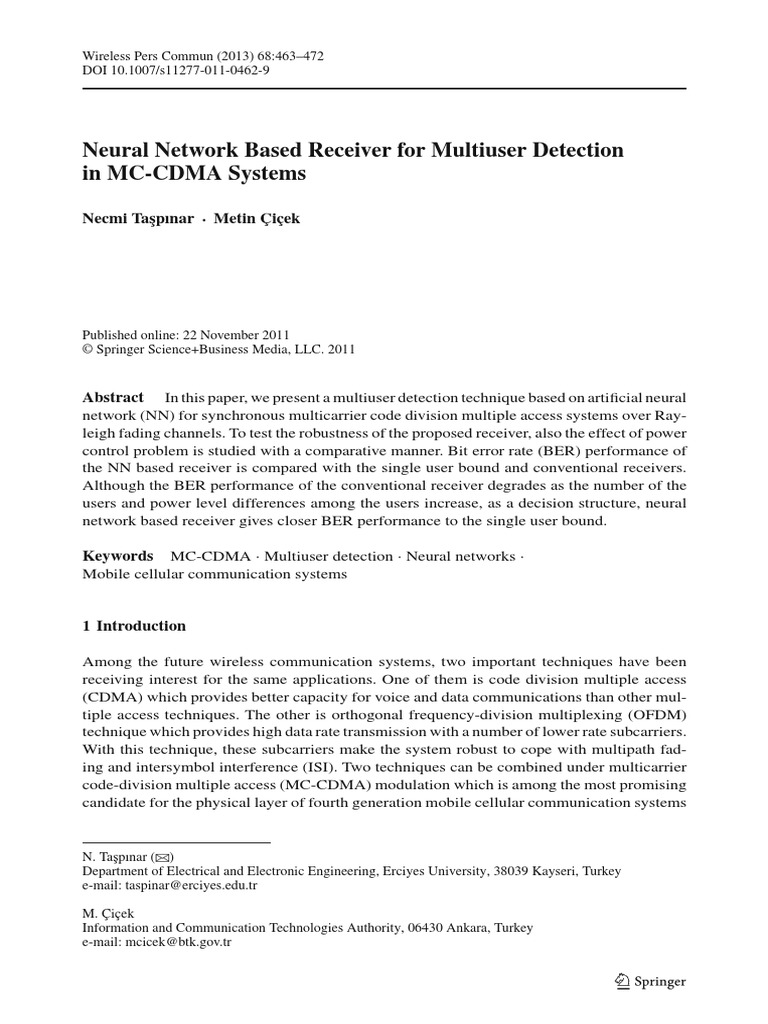Neural Network Based Receiver For Multiuser Detection in MC-CDMA Systems | PDF | Orthogonal ...