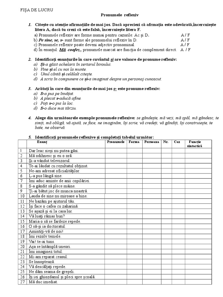 Pronumele Reflexiv Fisa de Lucru