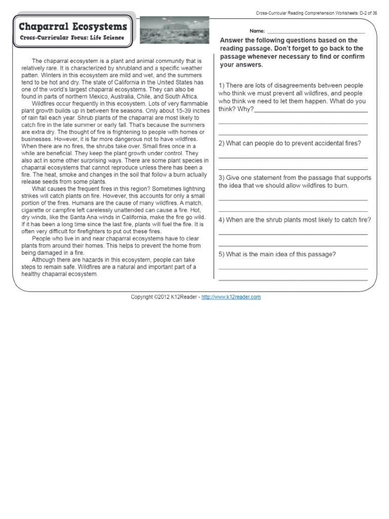 Chaparral Ecosystems - 4th Grade Reading Comprehension Worksheet | PDF