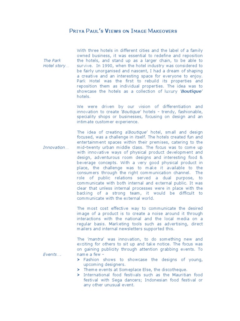 Priya Paul's Boutique Hotel Strategy | PDF | Hotel | Brand