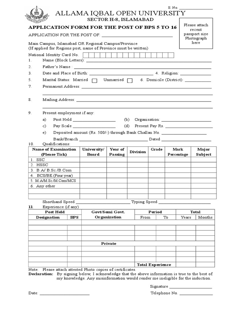 Allama Iqbal Open University: Application Form For The Post of Bps 5 To ...